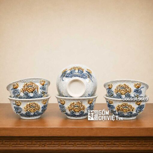 Bát cúng thờ Hoa Sen men rạn đắp nổi Bát Tràng - Gốm Đại Việt